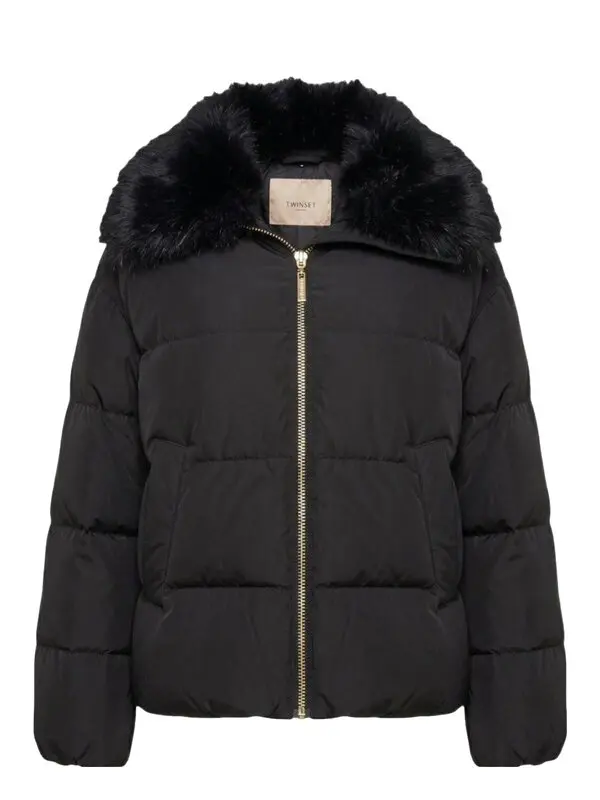 TWINSET Quilted Down Jacket With Faux Fur Collar - Black