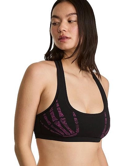 Pink Cotton Dorm Fleece Unlined Racerback Bralette - Black