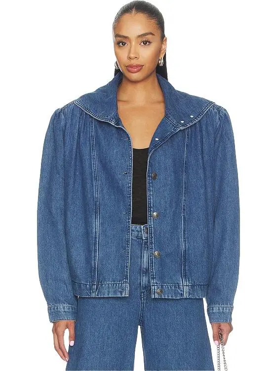 ROTATE BY BIRGER CHRISTENSEN Gathered Denim Jacket - Medium Blue Denim