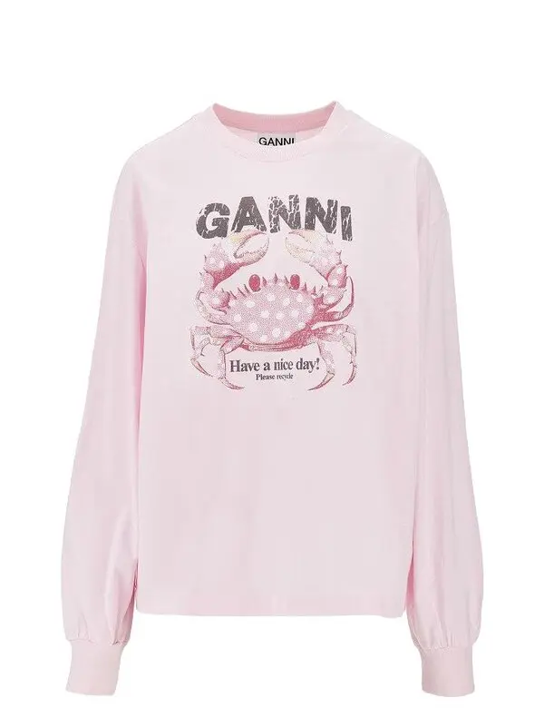 GANNI Organic Cotton Crab Print Long Sleeve T-shirt - Pink