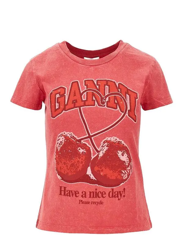 GANNI Cherry Print Organic Cotton Jersey T-shirt - Red