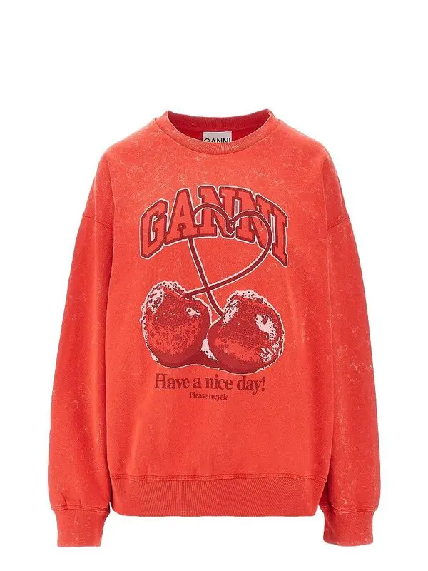 GANNI Cotton Sweatshirt With Cherry Print And Vintage Effect - Red