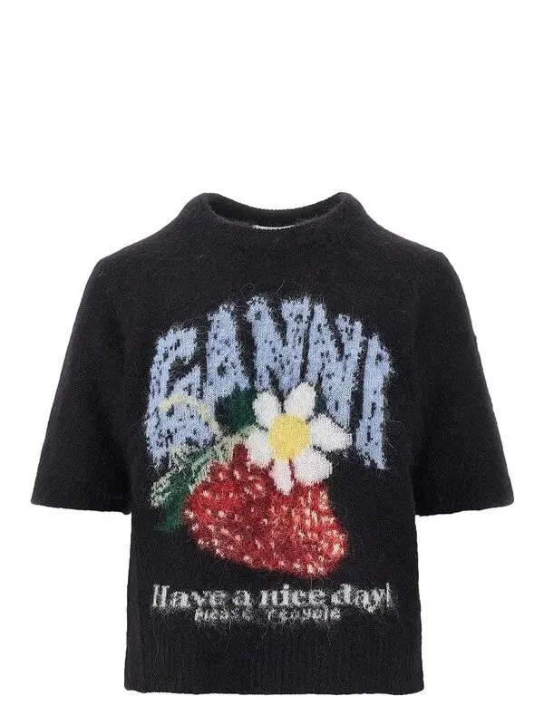 GANNI Wool-blend Knitted Short-sleeved Top With Embroidered Strawberry Motif - Black