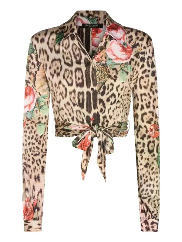 Roberto Cavalli Leopard And Floral Print Cropped Shirt - Neutrals