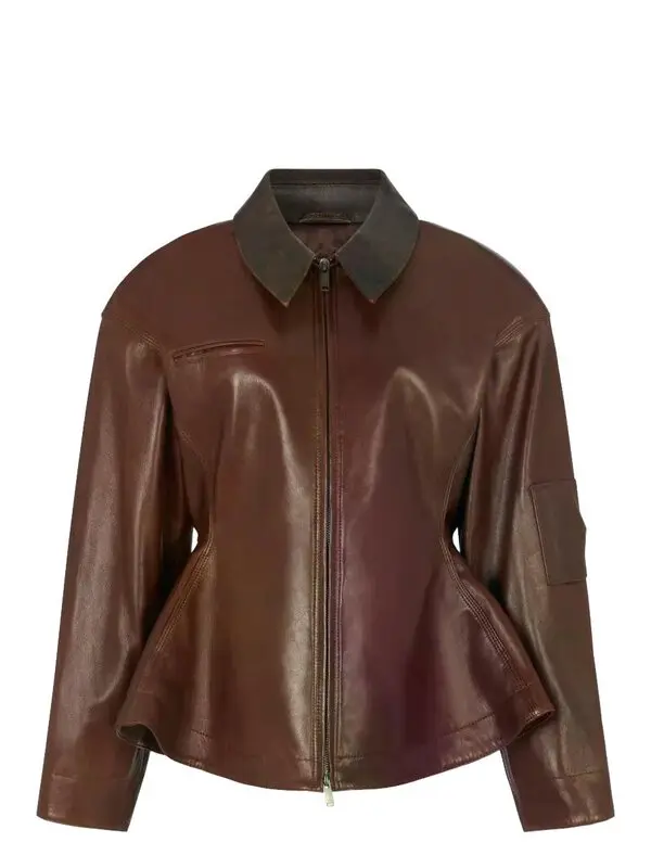 DUCIE Bernadette Peplum Leather Jacket - Brown