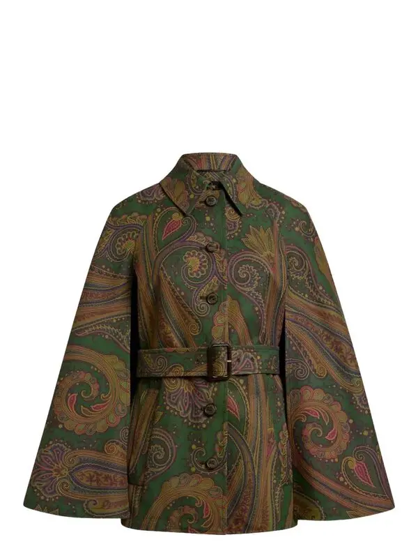 Etro Cotton Gabardine Trench Coat-style Cape With Paisley Motif - Green