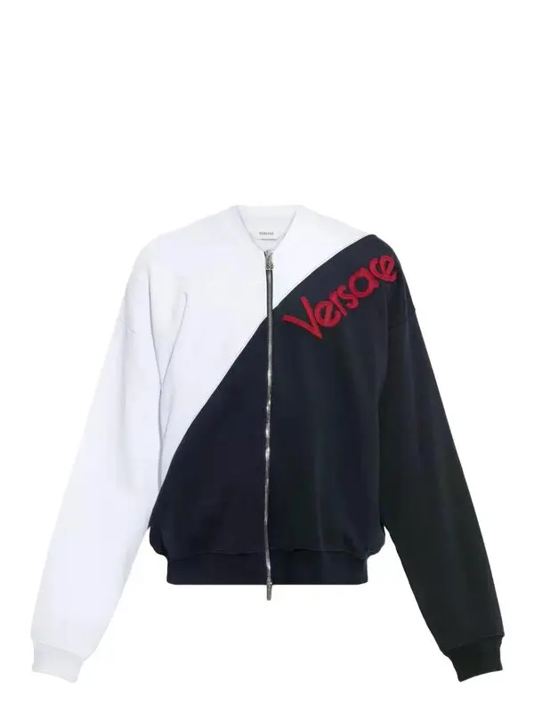 Versace Logo Embroidered Panelled Zip-up Sweater - Blue