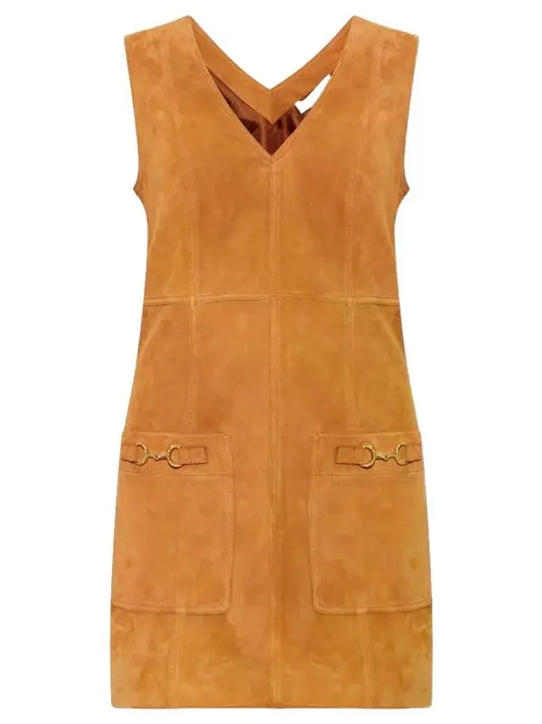 Ulla Johnson Sleeveless V-neck Horsebit Detail Suede Dress - Neutrals