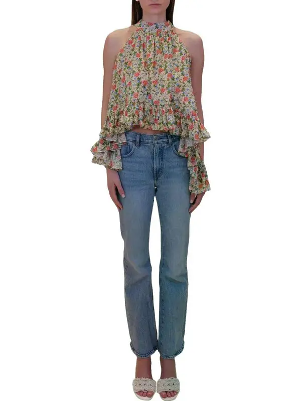 Azeeza Floral Print Ruffled Hem Blouse - Neutrals
