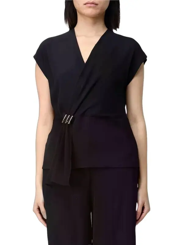 HANITA Draped V-neck Cap Sleeve Top With Silver-tone Hardware - Black