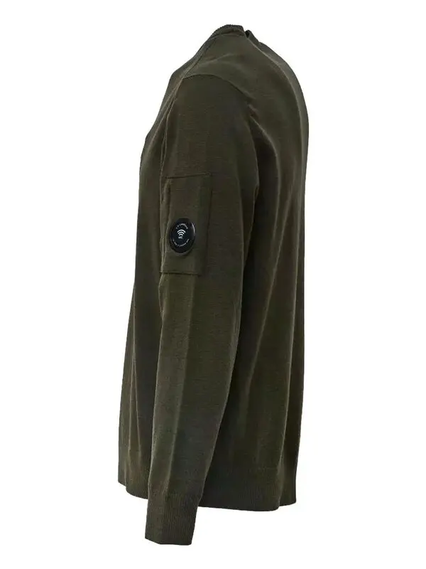 C.P. COMPANY Crew Neck Fine Knit Sweater With Sleeve Lens Detail - Green