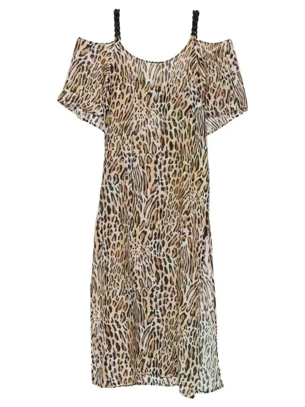 Moschino Leopard-print Cold-shoulder Midi Dress - Neutrals