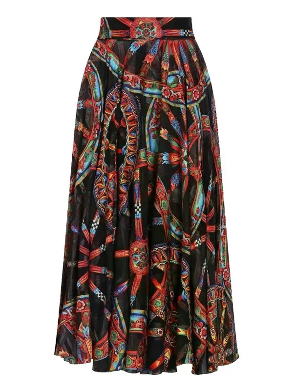 Dolce & Gabbana Long Circle Skirt In Carretto-print Devoré Twill - Black