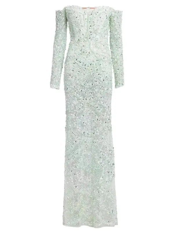 Elie Saab Off-shoulder Maxi Dress With Bead And Sequin Embellishments - Green
