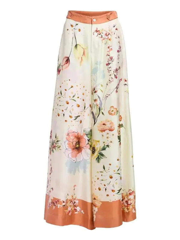 Elie Saab Floral Print Silk Wide Leg Trousers - Neutrals