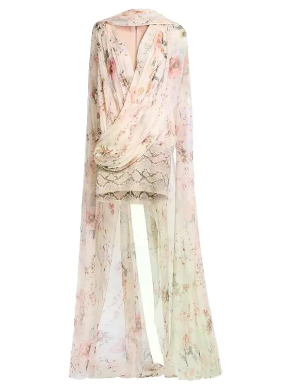 Elie Saab Floral Print Silk Mini Dress With Floor-length Cape - Neutrals