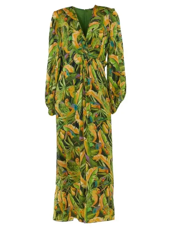 Farm Rio Parrot-print Gathered-waist Midi Dress - Green