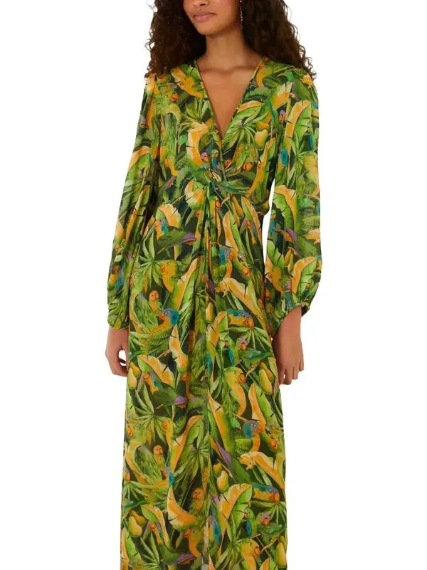 Farm Rio Parrot-print V-neck Midi Dress - Green
