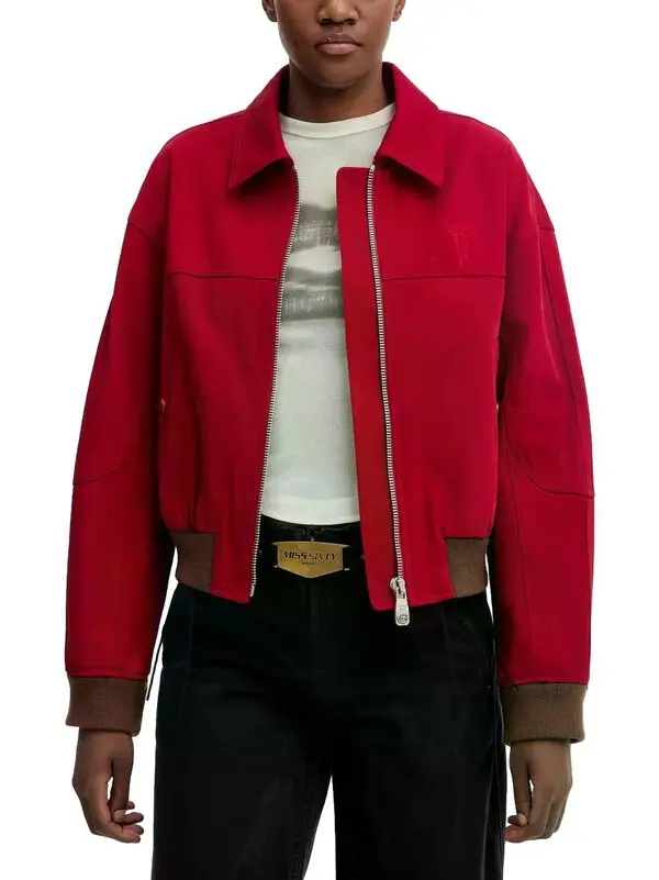 Miss Sixty Cropped Zip-up Jacket With Embroidered Bow And Ribbed Trim - Red