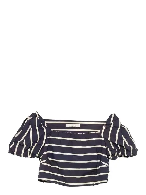 Liviana Conti Striped Puff Sleeve Square Neck Cropped Top - Blue