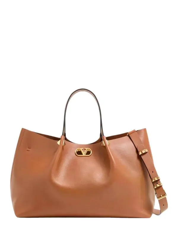 Valentino Garavani Large Soft Leather Shopping Bag With Maxi Studs - Neutrals