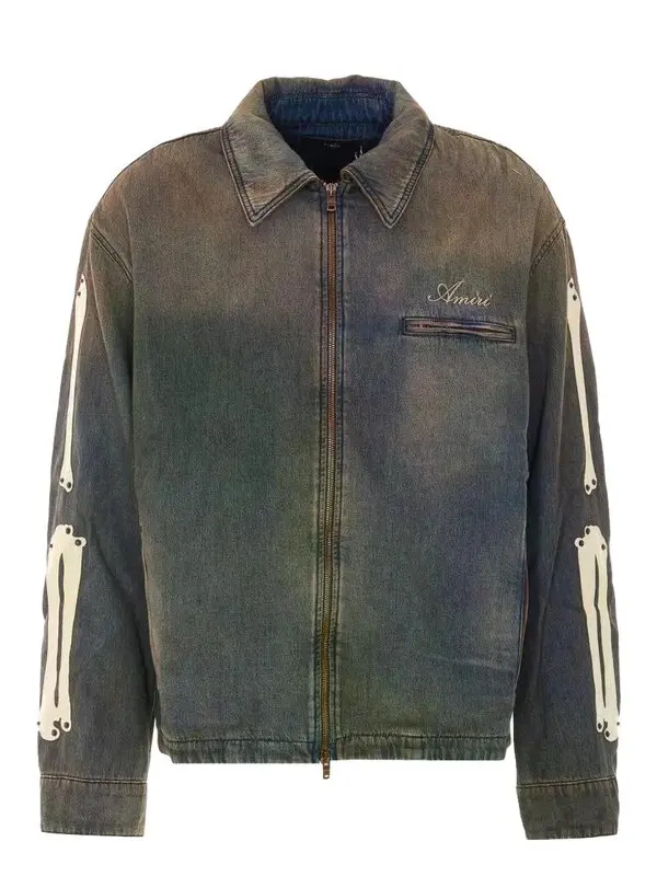 Amiri Bone Detail Zip-up Denim Jacket - Blue