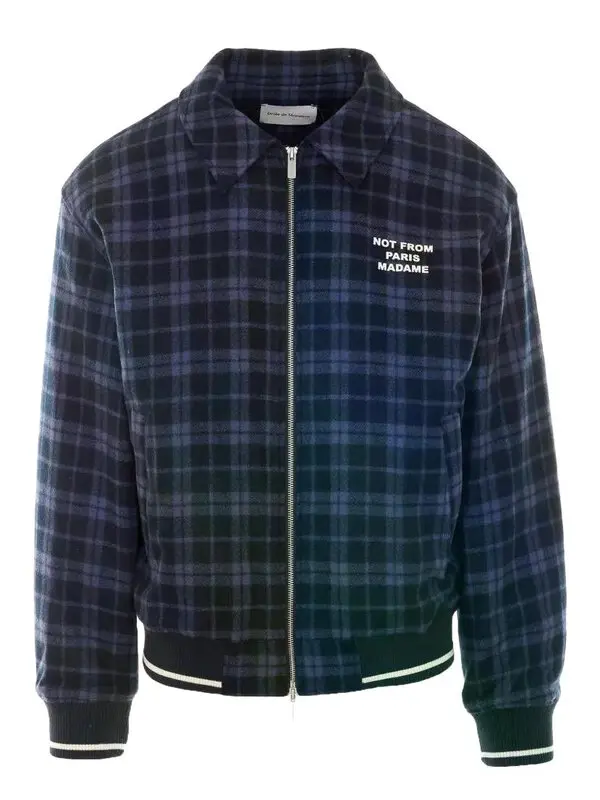 Drole De Monsieur Checked Slogan Zip-up Jacket - Blue