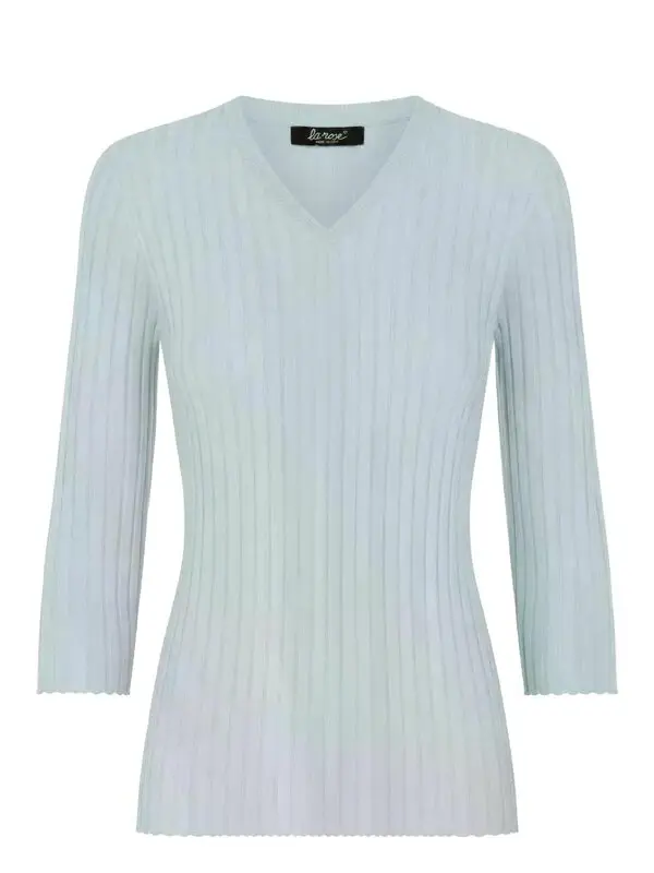 LA ROSE Ribbed Knit V-neck Sweater - Blue