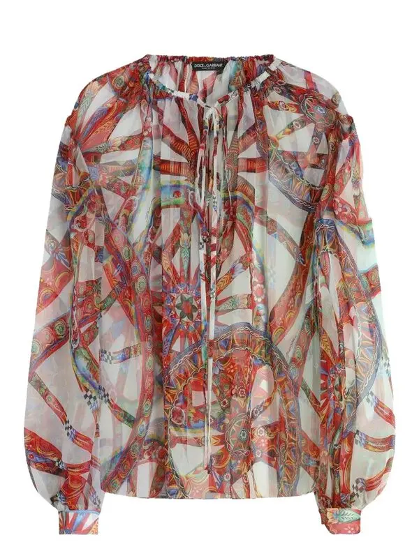 Dolce & Gabbana Carretto-print Silk Chiffon Blouse - White
