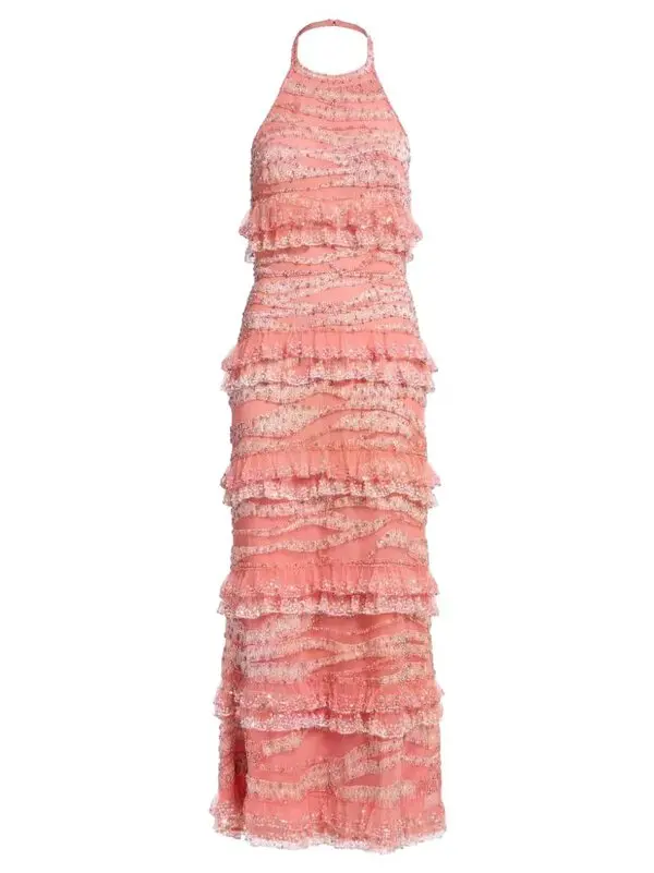 Elie Saab Ruffled Maxi Dress With Bead Embellishment - Pink