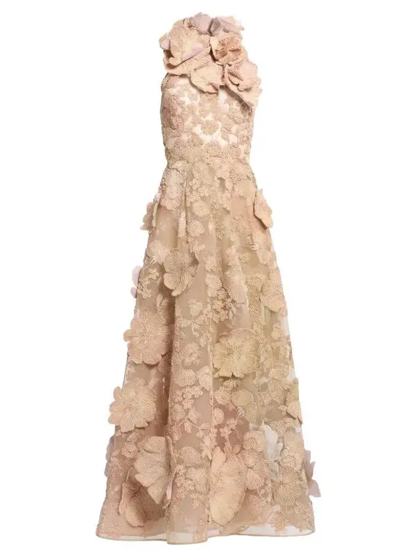Elie Saab Raffia Embroidered Tulle Maxi Dress - Neutrals