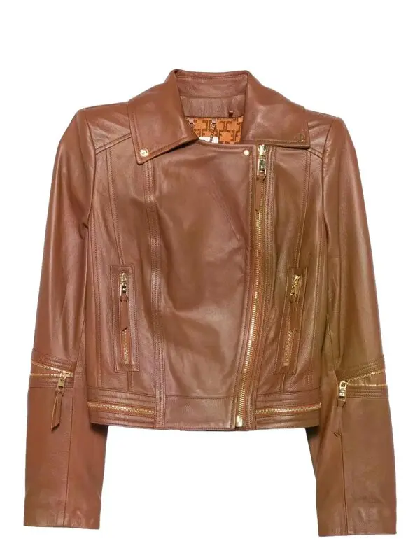 Elisabetta Franchi Leather Zipped Biker Jacket - Brown