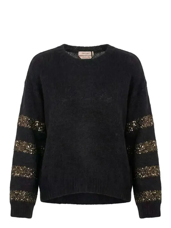 TWINSET Sequined Stripe Crew Neck Sweater - Black