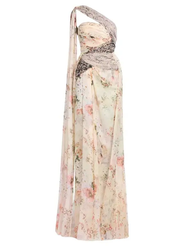 Elie Saab Floral-print One-shoulder Maxi Dress - Neutrals