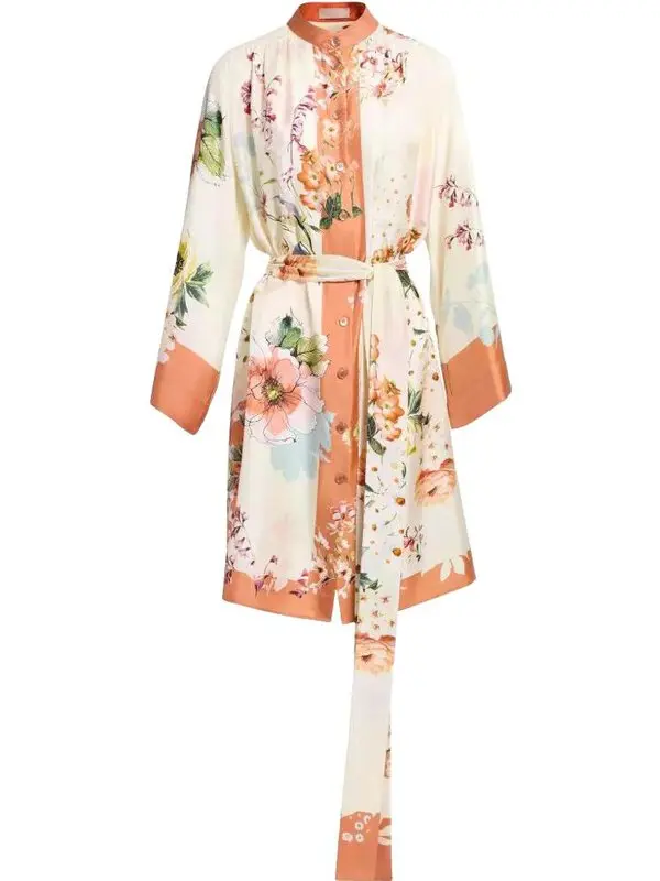 Elie Saab Floral-print Silk-twill Band Collar Shirt - Neutrals