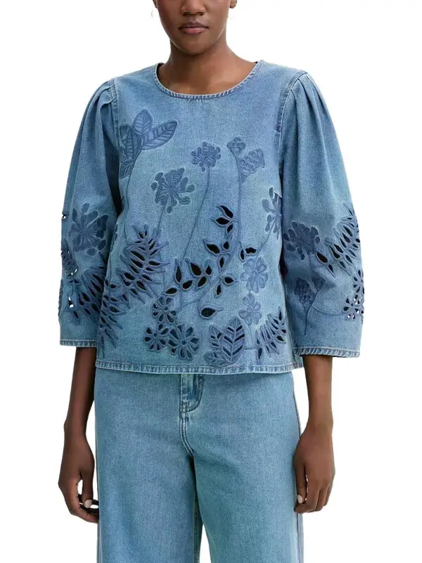 Munthe Bramble Embroidered Cut-out Denim Blouse - Blue