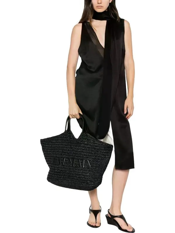 Balmain Logo Embroidered Woven Shoulder Bag - Black