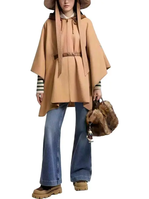 Moncler Hooded Belted Cape - Neutrals