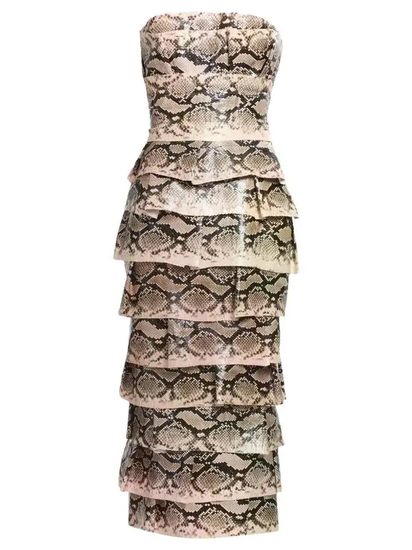 Elie Saab Tiered Snakeskin-effect Midi Dress - Neutrals