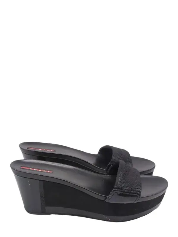 Prada Canvas Strap Open Toe Wedge Sandals - Black