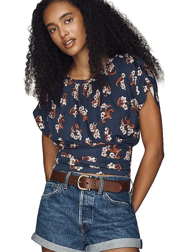 Maeve Waisted Top With Floral Print - Navy