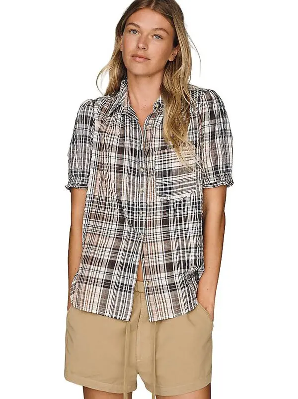 PILCRO Aly Puff-sleeve Plaid Blouse - Brown