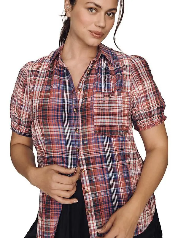 PILCRO Aly Puff-sleeve Plaid Blouse - Pink