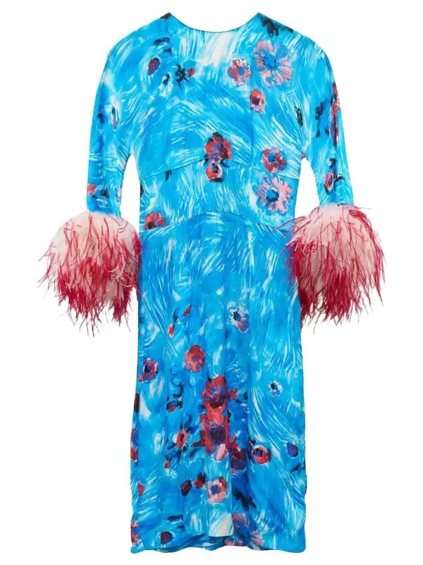 Prada Feather-trim Floral-print Midi Dress - Blue