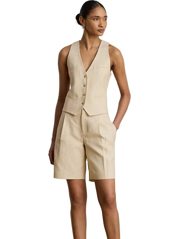 Ralph Lauren Pleated Linen-cotton Tweed Bermuda Short - Tan/cream Multi