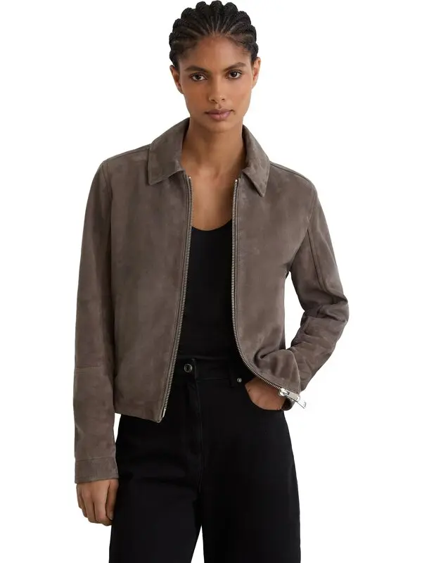 REISS Suede Zip-through Moto Jacket - Grey