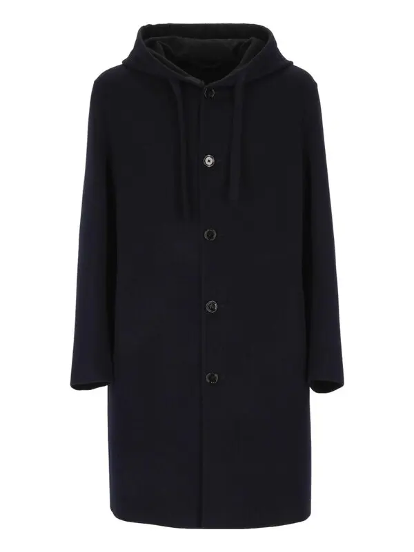 LARDINI Single-breasted Hooded Coat In Raw Wool - Black