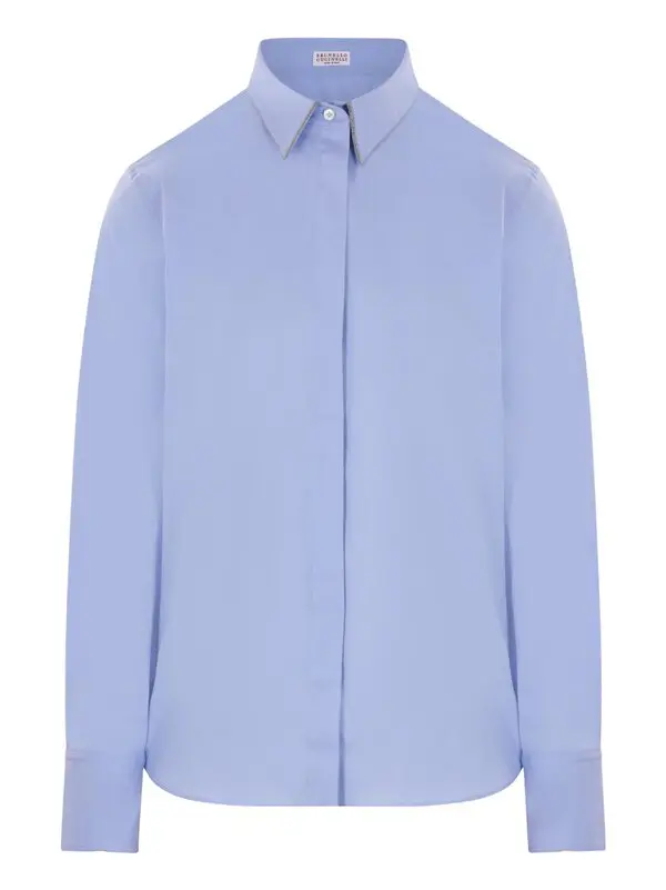 Brunello Cucinelli Embellished Lapel Poplin Shirt - Light Blue