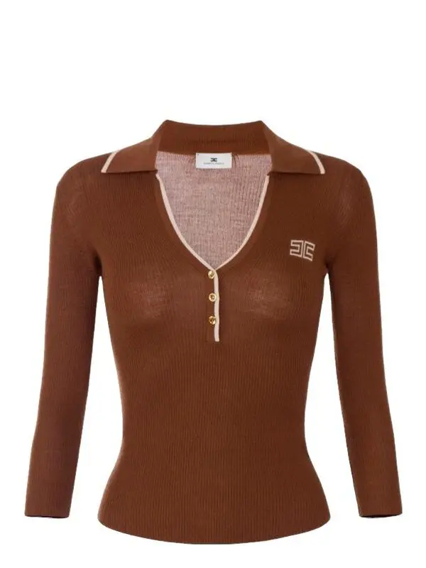 Elisabetta Franchi Ribbed Knit Polo Shirt With Logo Detail - Cigar/nude