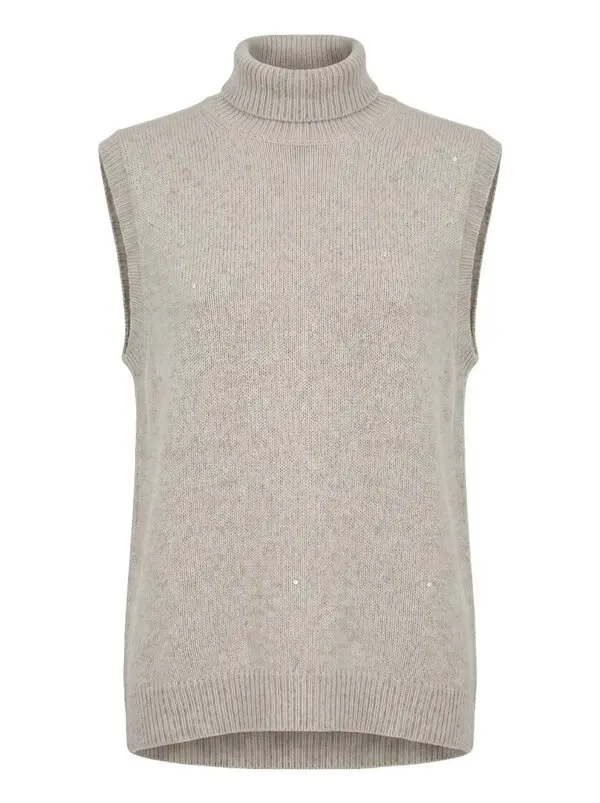 Brunello Cucinelli High-neck Sleeveless Knitwear With Ribbed Details - Nude